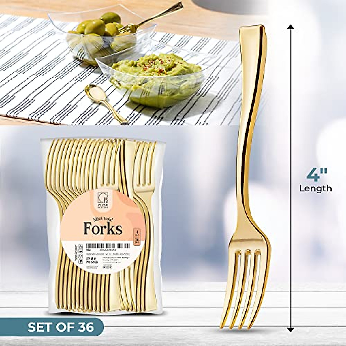 Mini Gold Fork, Gold Plastic Tasting Fork, (4 inch 36 Count) Gold Mini Plastic Forks for Ice Cream Sampling, Appetizers Tasting, Puddings, Gelato, Cockatils - Posh Setting