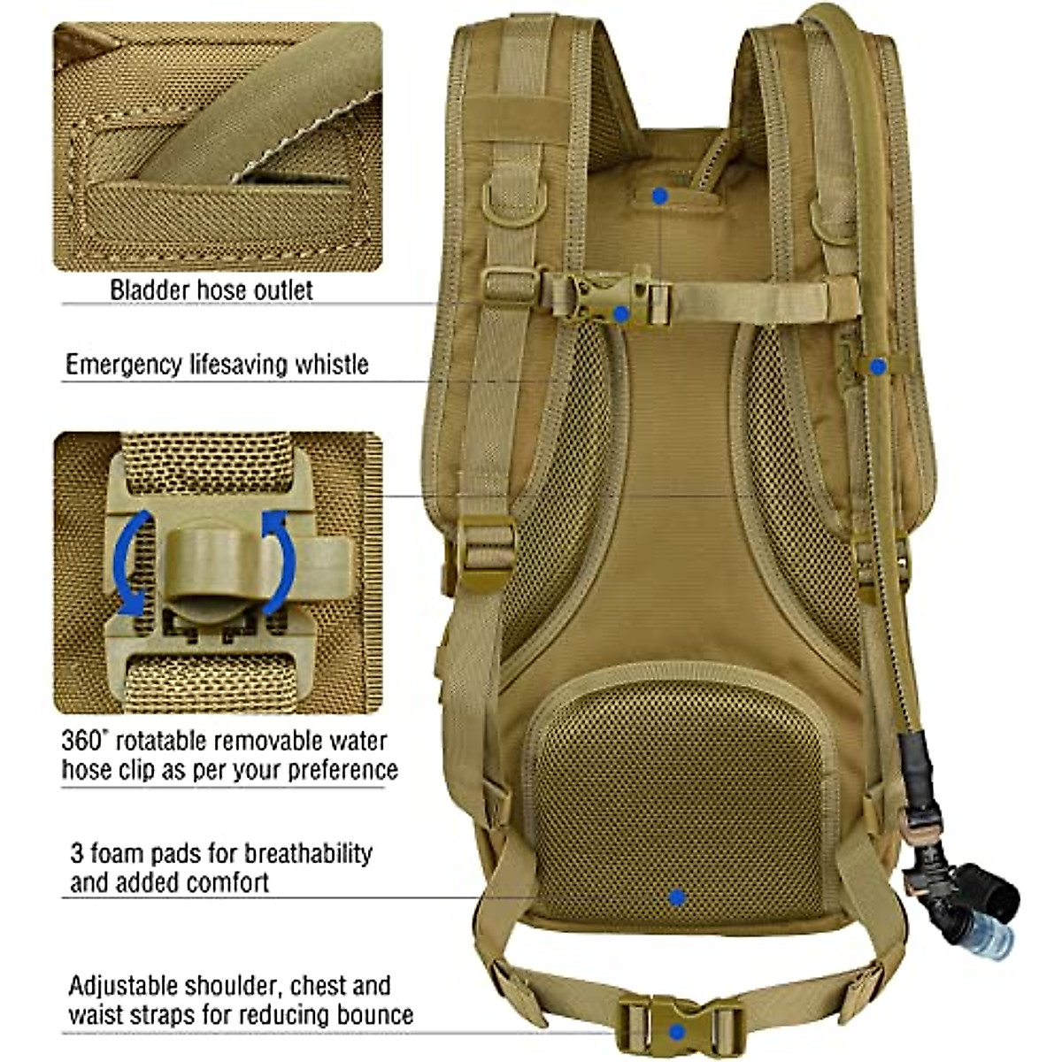 MARCHWAY Tactical Molle Hydration Pack with 3L TPU Water Bladder, Military Backpack with Multi Compartment for Cycling, Hiking, Running, Backpacking (Coyote Brown)