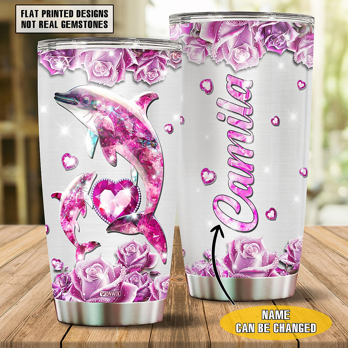 WONWIX Personalized Dolphins Tumbler Coffee Mug Gifts For Her Mom Adults Dolphin Jewelry For Women Birthday Christmas Valentine Mothers Day 20oz Stainless Steel Thermos Tumblers With Lids