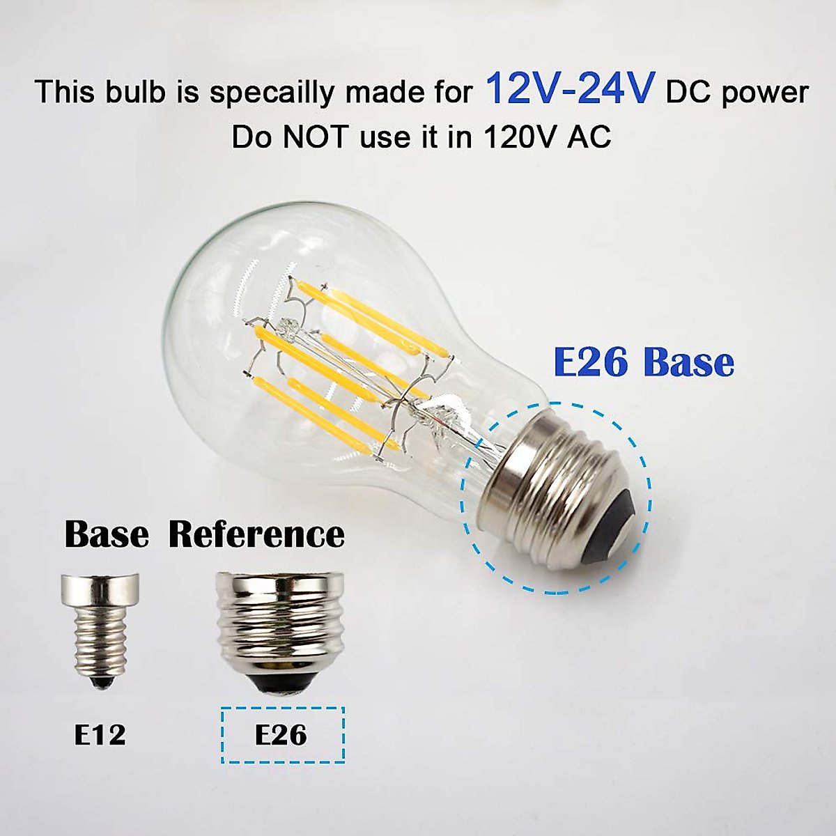 OPALRAY DC 12V-24V Low Voltage Input LED Bulb, Classic A19(A60) Style, 6W 600Lm, Dimmable with 12V PWM DC Dimmer, E26 Medium Base Lamp, Warm White Light, 60W Incandescent Equivalent, 12V Power, 2 Pack