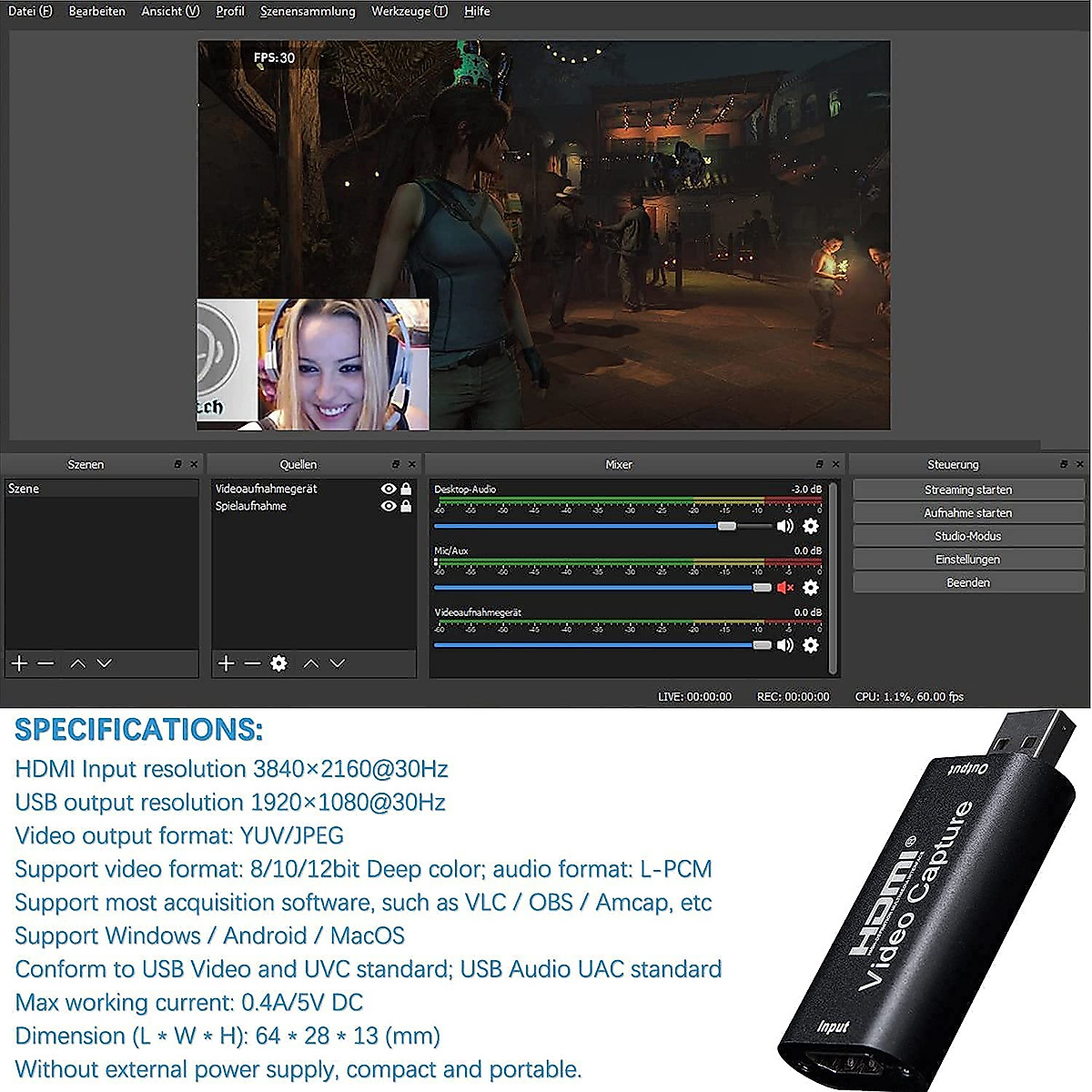 HDMI Video Capture Card, Upgraded 1080p 60fps Capture Card, Cam Link Card Audio Capture Adapter HDMI to USB 2.0 for Gaming, Live Broadcasting, Nintendo Switch, PS3/4, Xbox