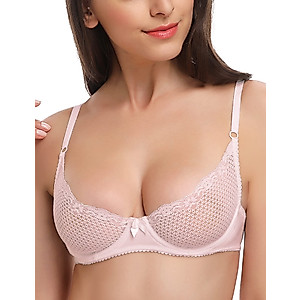 Wingslove Women's Sexy 1/2 Cup Lace Bra Balconette Mesh Underwired Demi Shelf Bra Unlined See Through Bralette (Light Pink, 36A)