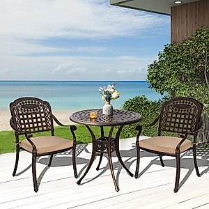 MAGIC UNION 2 Pieces Patio Dining Chairs, Outdoor Cast Aluminum Chairs with Armrest, Patio Bistro Chair Set of 2 for Garden, Backyard, Deck (2pcs A- Grid Chair with Khaki Cushion)