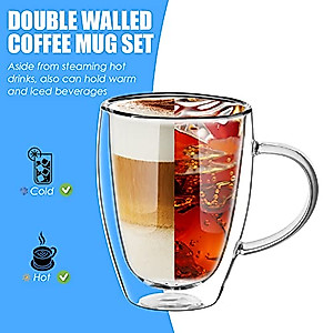 Ulrikco 12oz Double Walled Glass Coffee Mugs with Handle, Clear Cappuccino Glass Mug Set of 4, Insulated Layer Coffee Cups, Clear Borosilicate Glass Mugs, Glasses Espresso Mugs for Coffee