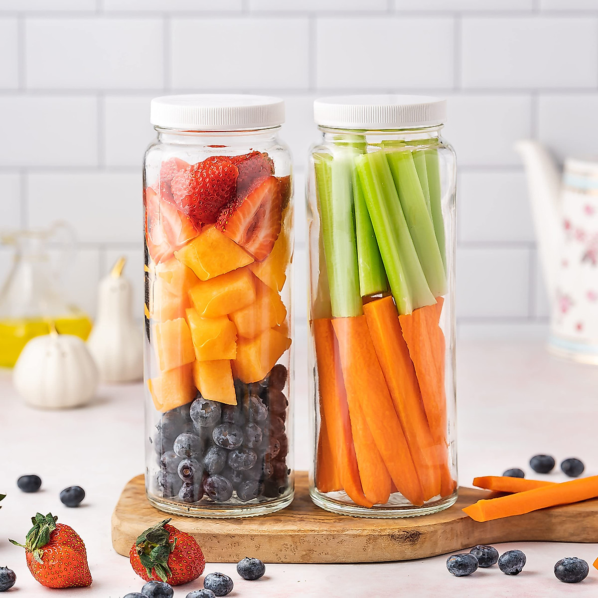 All About Juicing Glass Bottles Set - 32 oz Jars, 4 Pack Wide Mouth with Lids for Juice, Smoothies, Water, Milks, Beverage Storage - Large Jug, Clear, Durable, Reusable, Dishwasher Safe, Leak Proof