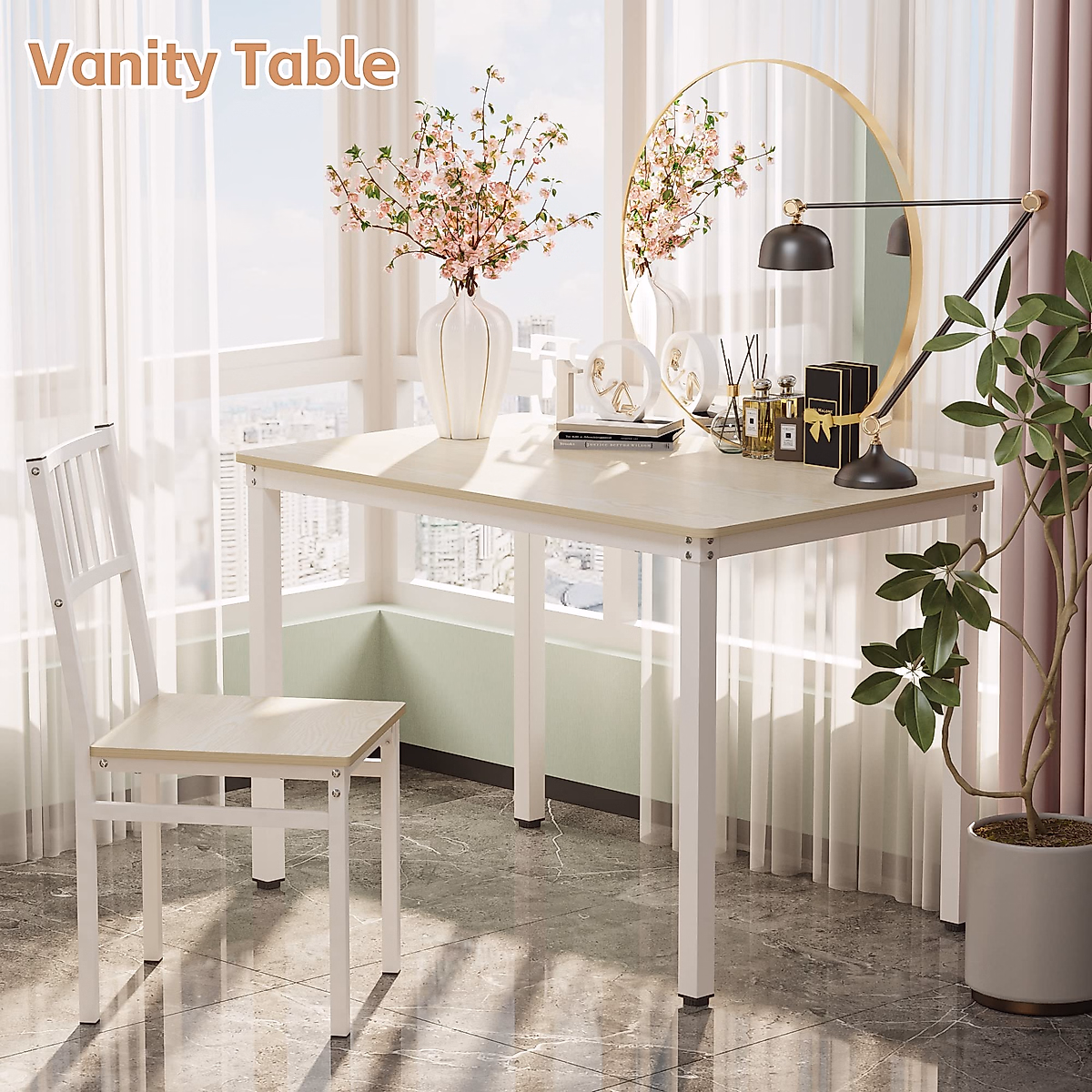 Teraves Dining Table Set/Computer Desk,Kitchen Table with 2 Chairs and a Bench,Table and Chairs 4 Piece Set for Dining Room (Beige, 110CM)