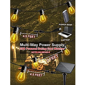 Classhine 50FT USB & Solar Chargeable Outdoor String Lights Dimmable with Remote, Waterproof Patio Deck Lights 15+2 LED Large Bulbs Warm White Shatterproof Replaceable Café Yard Porch Decor