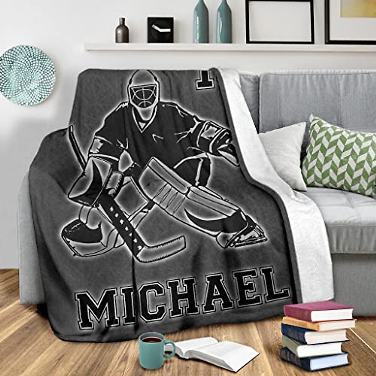 OhaPrints Custom Dark Grey Hockey Blanket Hockey Boy Player Personalized Name Number Soft Sherpa Throw Blankets Cozy Fuzzy Fleece Throws for Tv Sofa Couch Comfy Fluffy Blanket 30X40 50X60 60X80