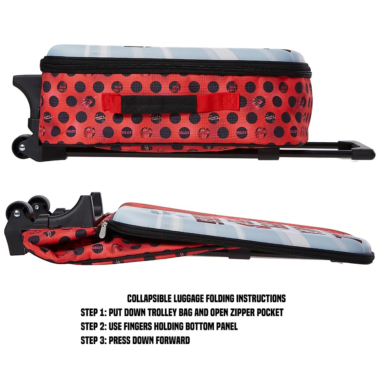 Miraculous Ladybug Carry On Rolling Kids Luggage with Wheels for Girls, 18 Inch, Superhero Lady Bug Convertible Duffle Bag with Side Handle