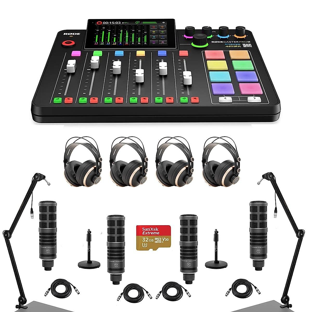 Rode RODECaster Pro II Integrated Audio Production Studio Console Bundle with 4x Cardioid Dynamic Broadcast Microphone, 4x Headphones, 2x Broadcast Arm, 2x Mic Stand, 4x Cable, 32GB Memory Card