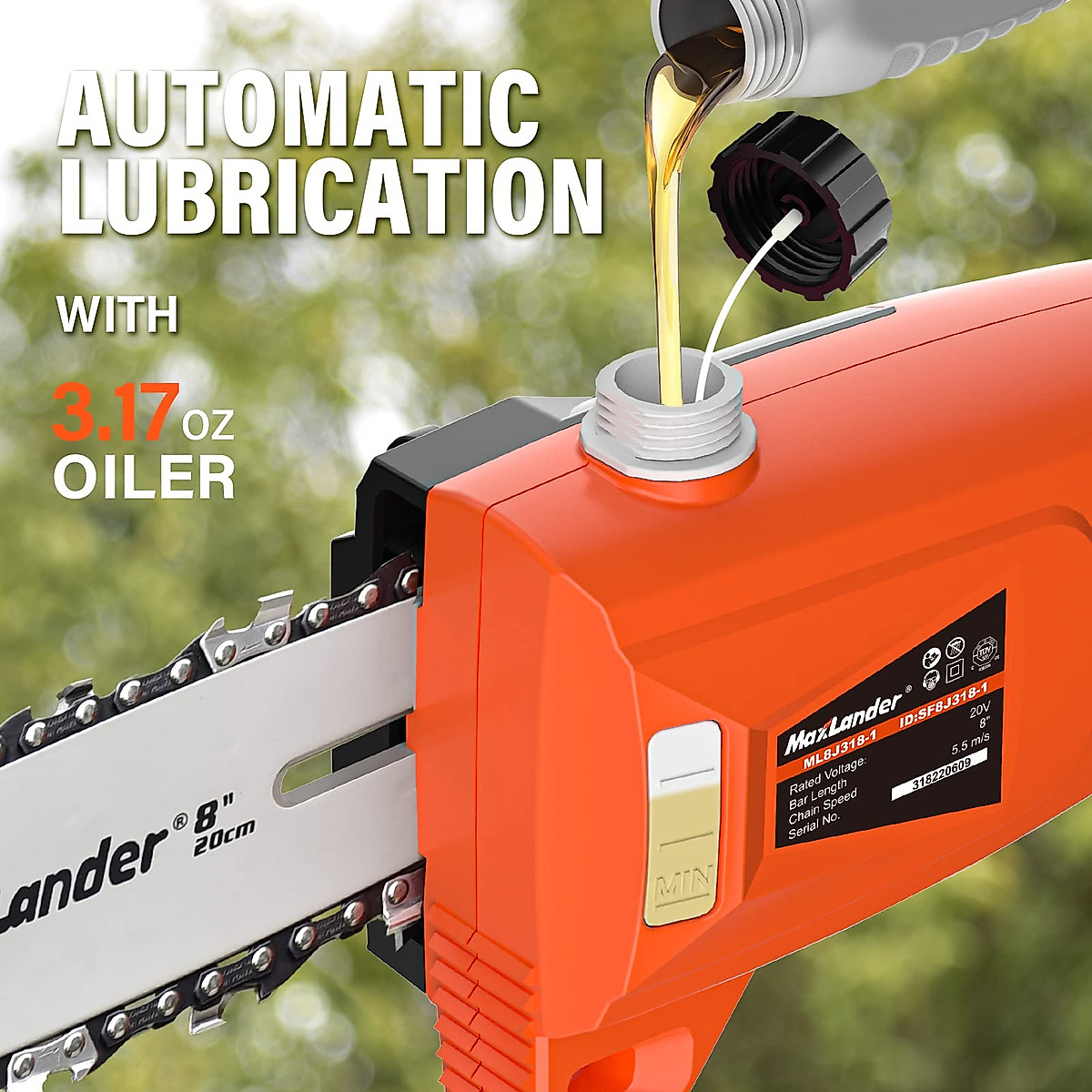 Pole Saw 8-Inch Cordless Pole Saws for Tree Trimming and 18-Inch Pole Hedge Trimmer 2-in-1, 15-Feet MAX Reach, 16ft/s Speed, Auto Oiling Pole Chainsaw with 20V 2.0Ah Battery & Charger