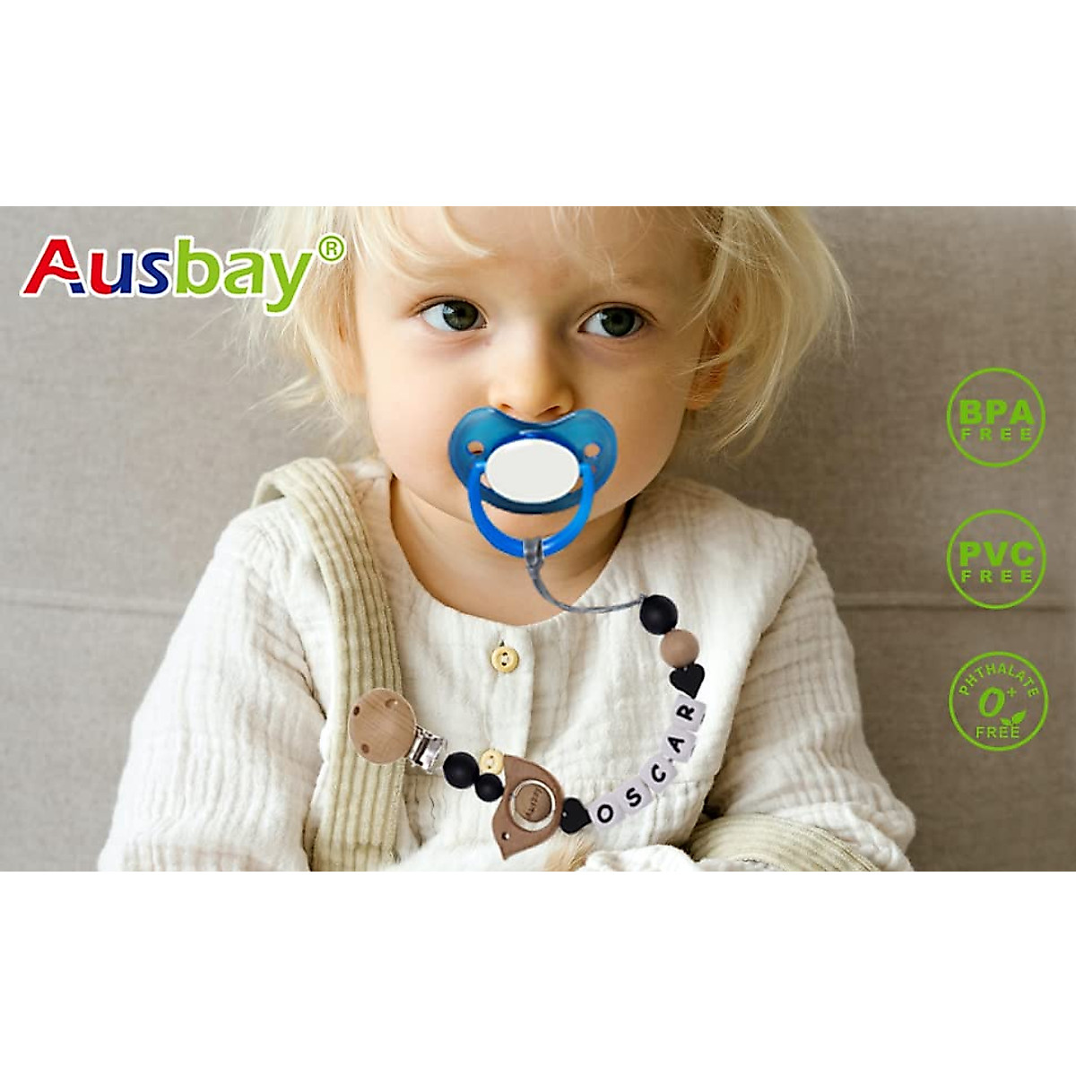 Personalized Stroller Clip with Name, Wooden Bird Shape (Grey)