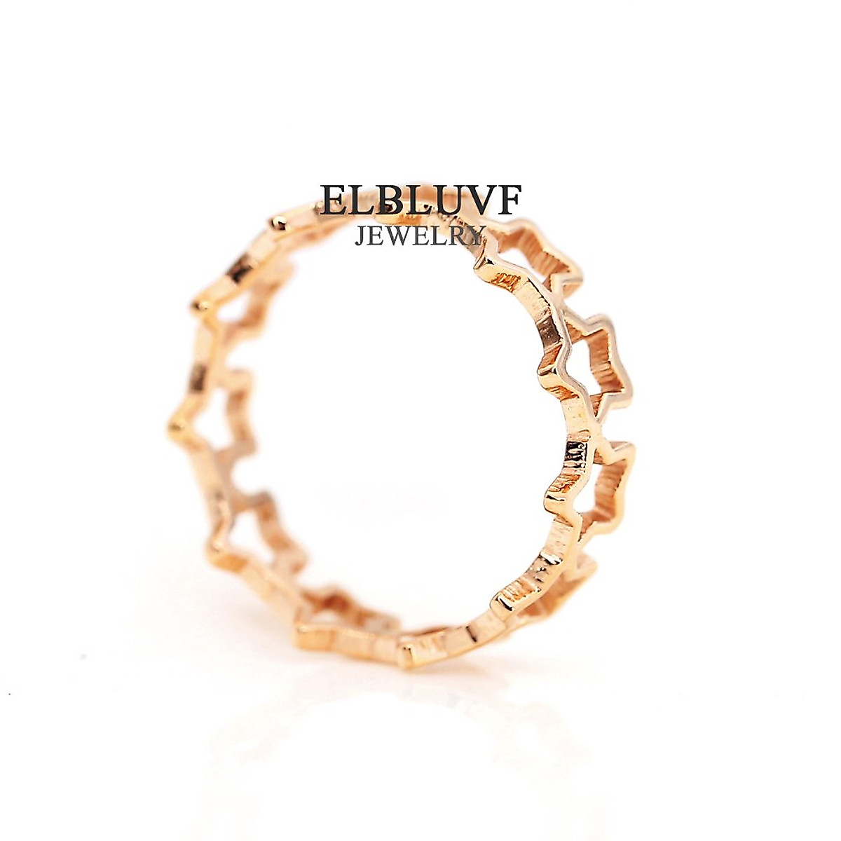 ELBLUVF Stainless-steel Rose Gold Plated Stackable Lucky Hollow Stars Star Ring For Women (6)
