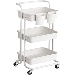 SONGMICS Rolling Cart, 3-Tier Storage Cart, Storage Trolley with Handle 2 Small Organizers, Steel Frame, Plastic Baskets, Utility Cart, Easy Assembly, for Bathroom Laundry Room, White UBSC067W01