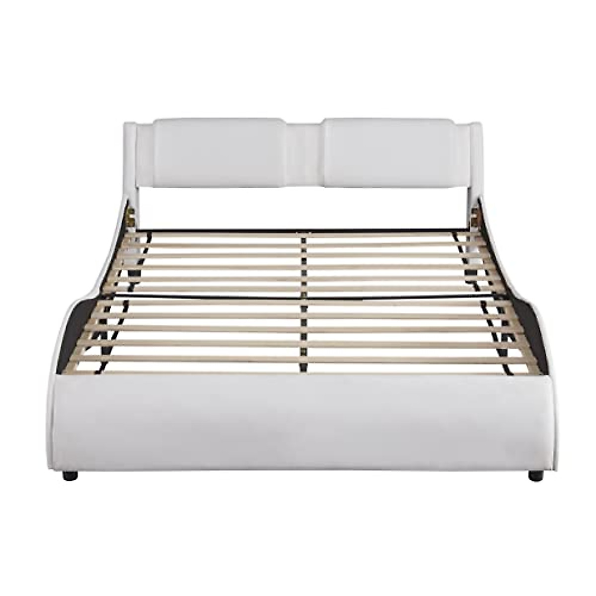 Lostcat Queen Modern Upholstered Faux Leather Platform Bed with LED Light Bed Frame,Strong Wood Slats Support,Wave Like Curve Low Profile Bed Frame for Boys/Girls/Adult Bedroom,Easy Assembly,White