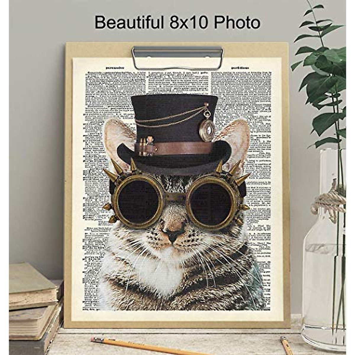 Steampunk Cat Wall Art - Funny Goth Cat Wall Decor Print for Bedroom, Veterinarian Office - Gift for Vet, Boys, Men, Teens, Women, Kitty, Kitten, Feline, Pet, Cat Lovers - Unique Gothic Dictionary Art