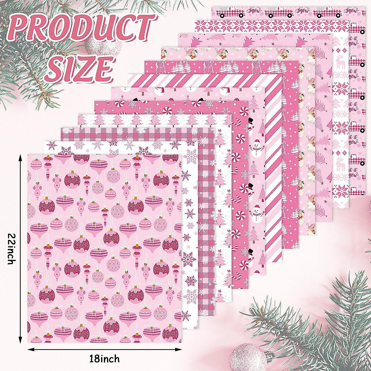 JarThenaAMCS 12Pcs Pink Christmas Cotton Fabric Bundles 18 x 22 Inch Xmas Tree Santa Snowflake Fat Quarters Pink White Sewing Fabrics for Xmas Winter DIY Craft Party Decor