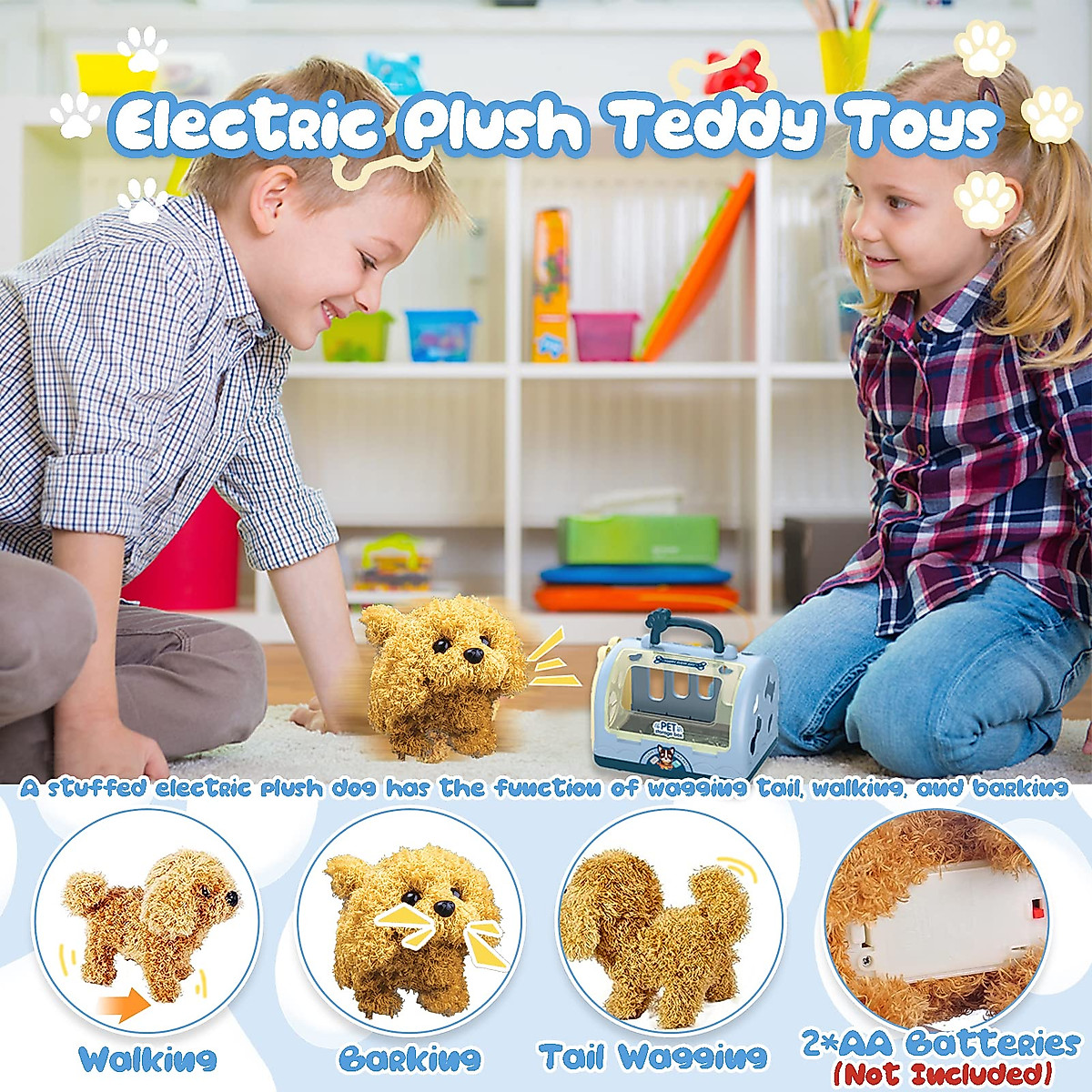 TEUVO Pet Care Playset Robot Dog Toys for Kids, 12Pcs Kids Vet Playset Toys Veterinarian Kit Doctor Kit & Interactive Electric Dog Plush & Cage Pretend Play Gifts for Girls Toddlers 3 4 5 6 7 Year Old