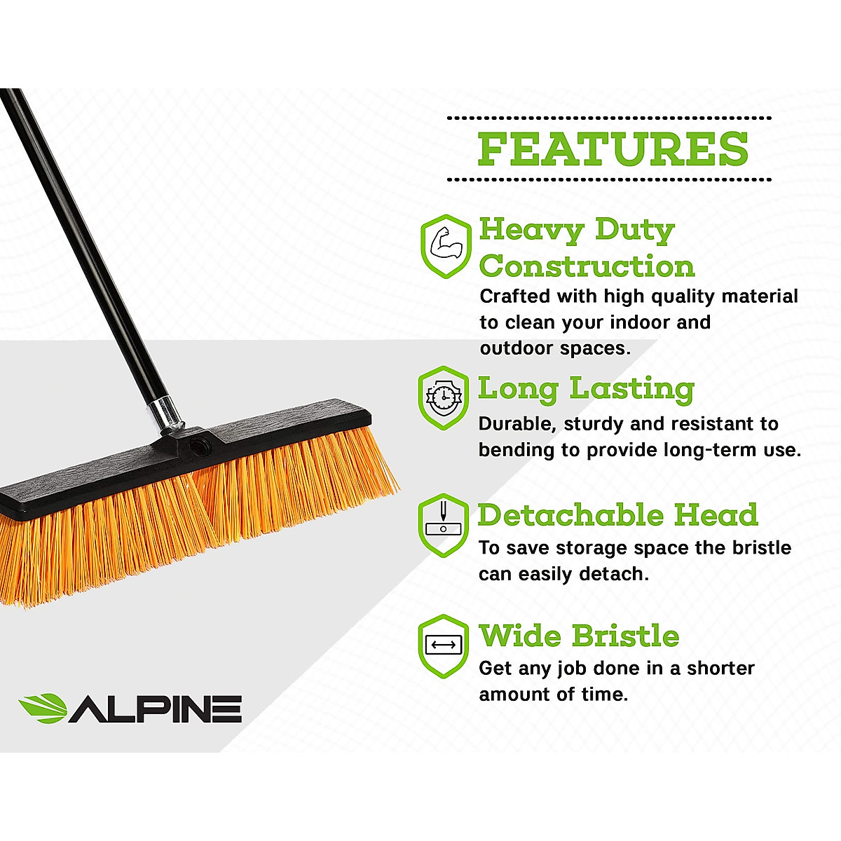 Alpine Industries Push Broom Heavy Duty Smooth Surface Broom Deck Scrubber Long Handle Commercial Floor Scrub Broom Cleans Dirt, Debris, Sand, Mud, Leaves and Water (Yellow, 18 in)
