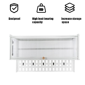 Gdrasuya10 Wall Mounted Storage Cabinet Modern Hanging Kitchen Wall Cabinet Organizer with Storage Shelf and Hooks Wall-Mounted Locker with Glass Door for Kitchen Dining Living Room Bathroom, Black