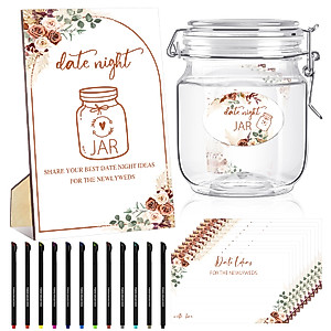 DoubleFill 76 Pcs Bridal Shower Decor Including Date Night Game for The Newlyweds Wedding Date Night Game Sign with Holder 60 Cards 12 Pens 2 Stickers Wedding Wish Jar for Guest Party (Boho Style)