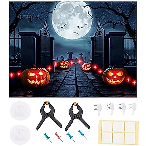 Light Up Halloween Backdrop 7x5 FT,Halloween Back Drop for Iron Gate,Pumpkin Head, Ideal for Halloween Photo Backdrop, Halloween Party Decorations,Halloween Backdrops for Photography