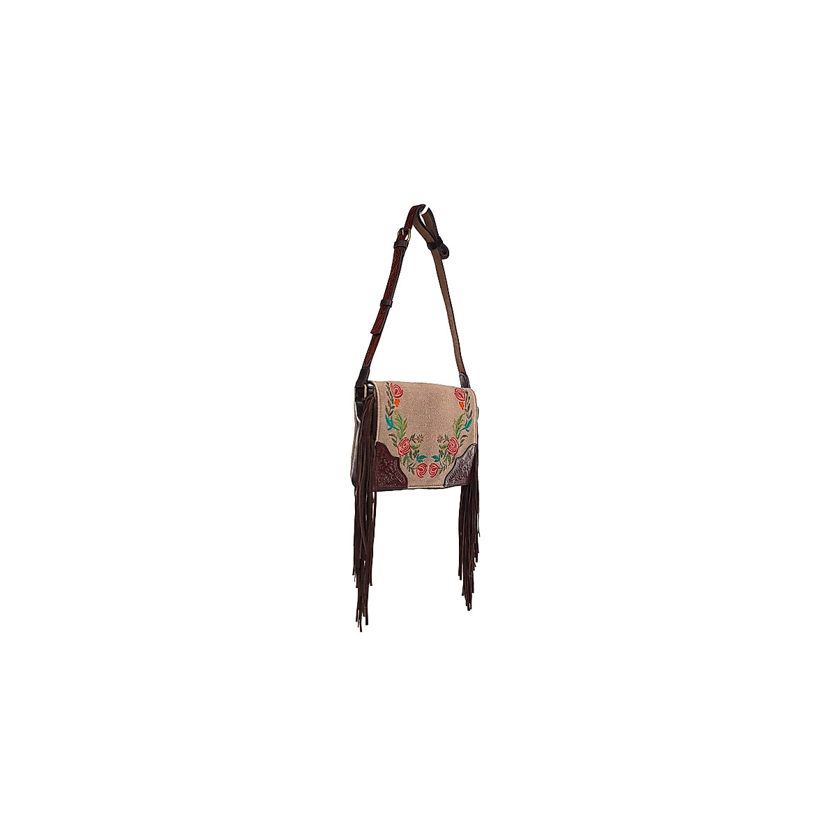 ARIAT Women's Audrey Collection Canvas Flower Fringe Crossbody Bag Handbag, Brown, One Size