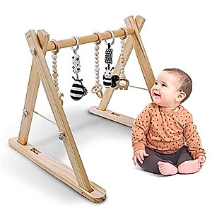 Foldable Wooden Baby Play Gym+Animal Sensory Hanging Rattle Toys(2 PCS)+Baby Teething Toys(3 PCS), with Babies Visual/Cognitive/Sensory Stimulation-for Babies 0-12 Month