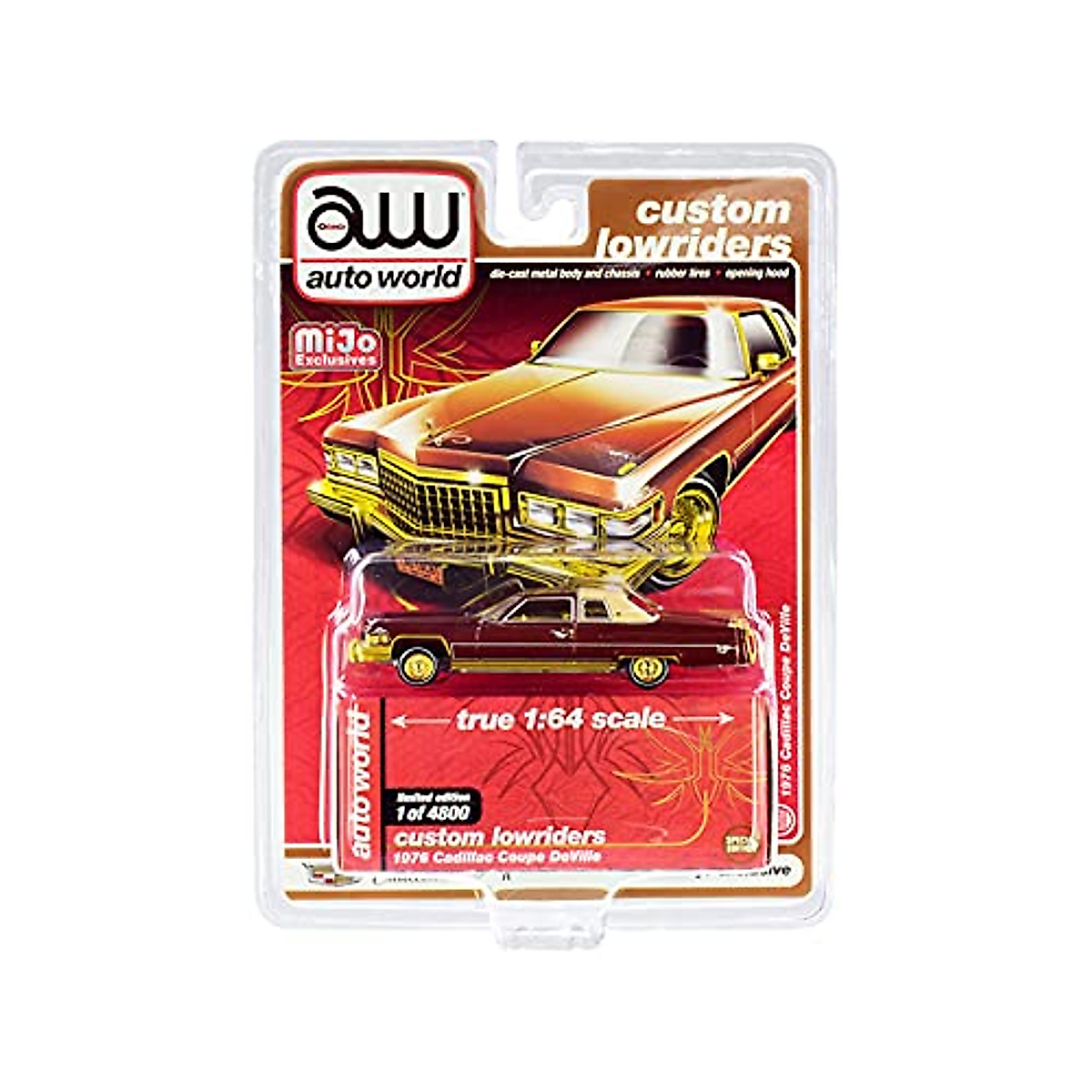 1976 Cadillac Coupe DeVille Burgundy and Cream with Gold Wheels Custom Lowriders Limited Edition 4800 pcs 1/64 Diecast Model Car by Autoworld CP7660