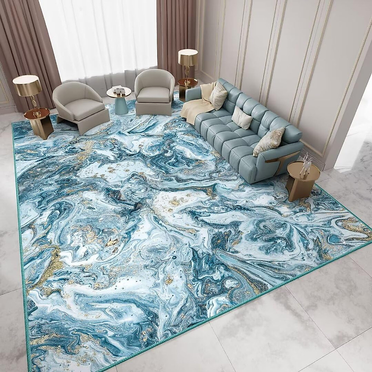 GEMBED Washable Area Rug 5x7 - Artistic Style Modern Rug for Living Room Bedroom Dining Room, Soft Low Pile Machine Washable Carpet, Non Slip Non Shedding Area Rug - Blue/Gold, 5'x7'