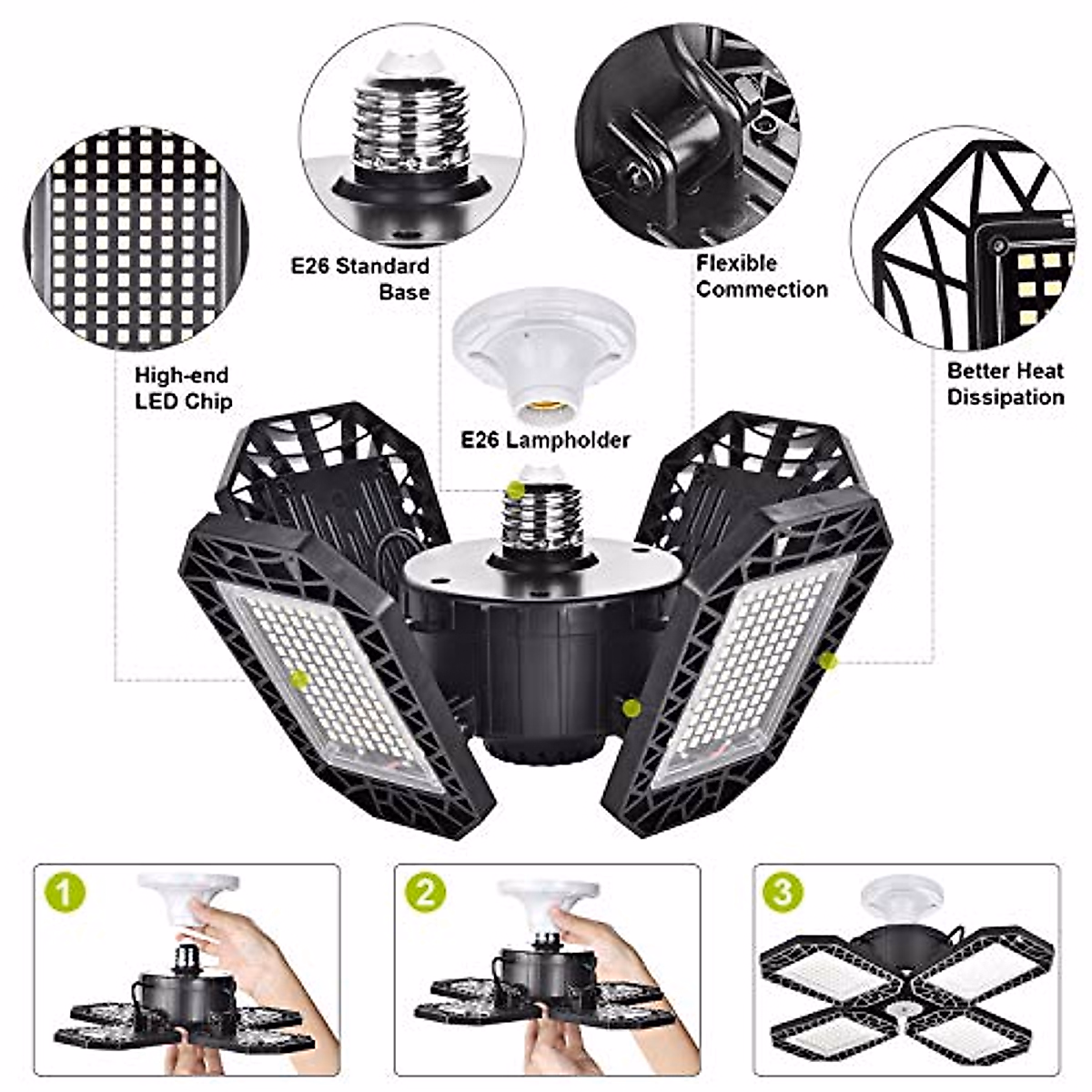 Mefflypee 2 Pack LED Garage Lights, 120W Deformable LED Garage Ceiling Lights with 4 Adjustable Panels, 12000LM E26 LED Shop Lights for Garage, Basement, Barn, High Bay Light (2 Pack)