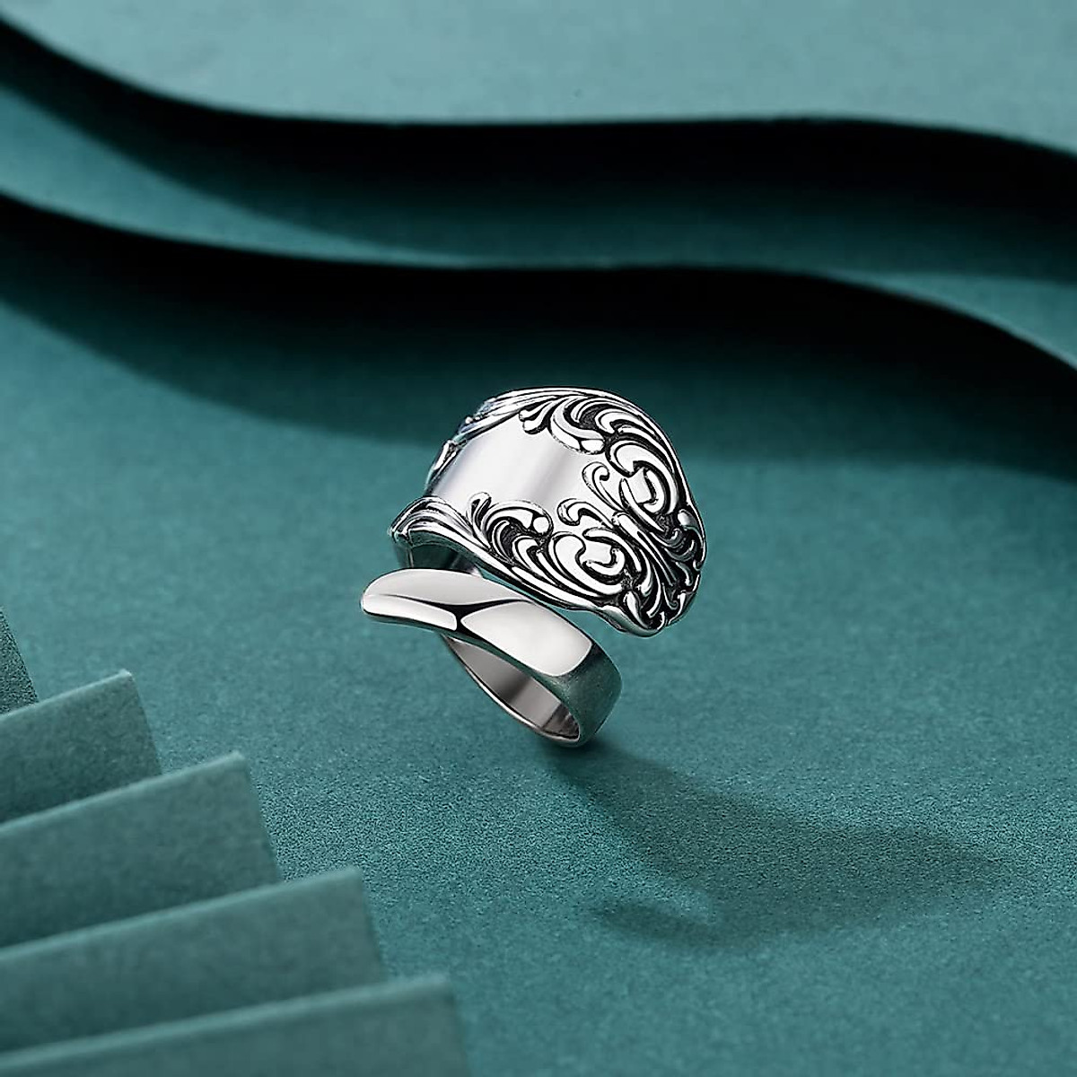 YWDREAM Vintage Silver Spoon Ring, Victorian Boho Flower Spoon Rings for Women, Adjustable Wrap Around Open Ring Statement Jewelry (Butterfly)