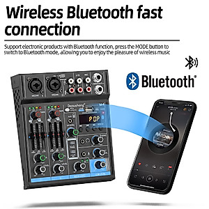 Depusheng M4 Portable Mini Mixer 4-Channel Audio Mixer DJ Console with Sound Card, Bluetooth Function, USB, 48V Phantom Power for PC Recording Webcast Party