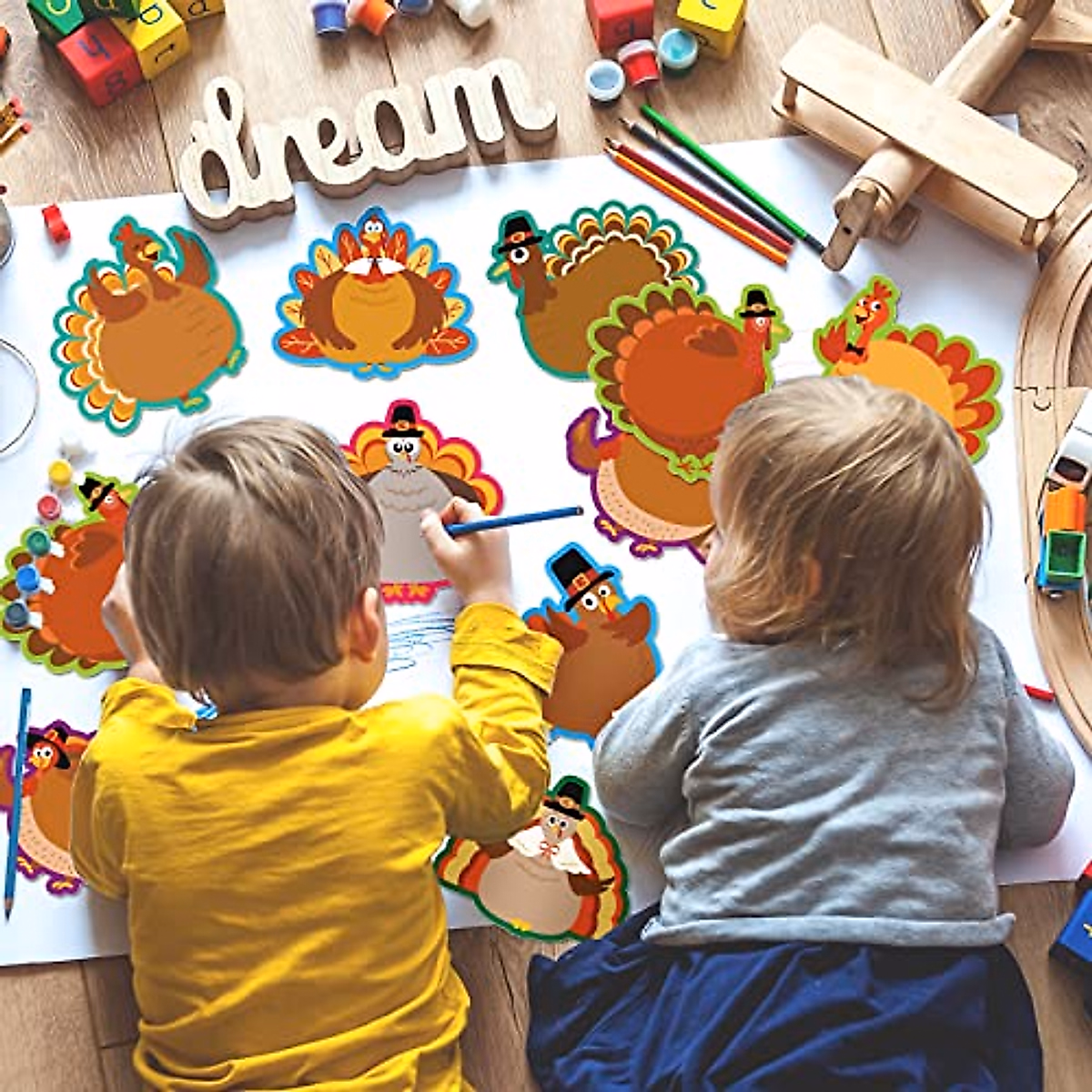 Whaline 45Pcs Thanksgiving Turkey Cutouts with 100Pcs Glue Points 9 Style Cartoon Turkey Pattern Paper Cut-Outs Bulletin Board Paper Cutting Decor for School Classroom Thanksgiving Party Supplies