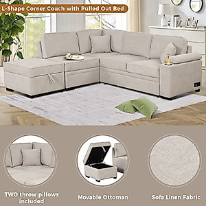 FREESNOOZE 2 in 1 Sleeper Sofa Bed, 84.75" Pull Out Couch Bed L Shape Couch with USB Charging Port, 3-pin Plug, Cup Holders, Storage Ottoman for Living Room/Bedroom/Small Apartment, Beige