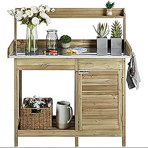 Yaheetech Outdoor Potting Bench Table, Garden Work Bench w/Metal Tabletop Work Station w/Cabinet Drawer, Open Top&Lower Shelf, Handy Hooks, ACQ Lumber Wood, Light Green