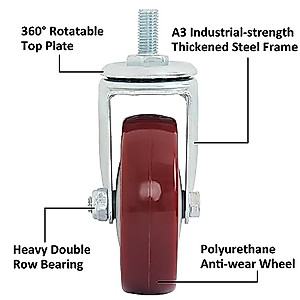 Finnhomy Swivel Caster Wheels 4 Inch Threaded Stem Casters Set of 4 Heavy Duty 1/2"-13 x 1" Anti-wear Polyurethane Industrial Castor Wheels for Cart/Furniture Load Bearing 2200 Lbs Smooth Casters Red
