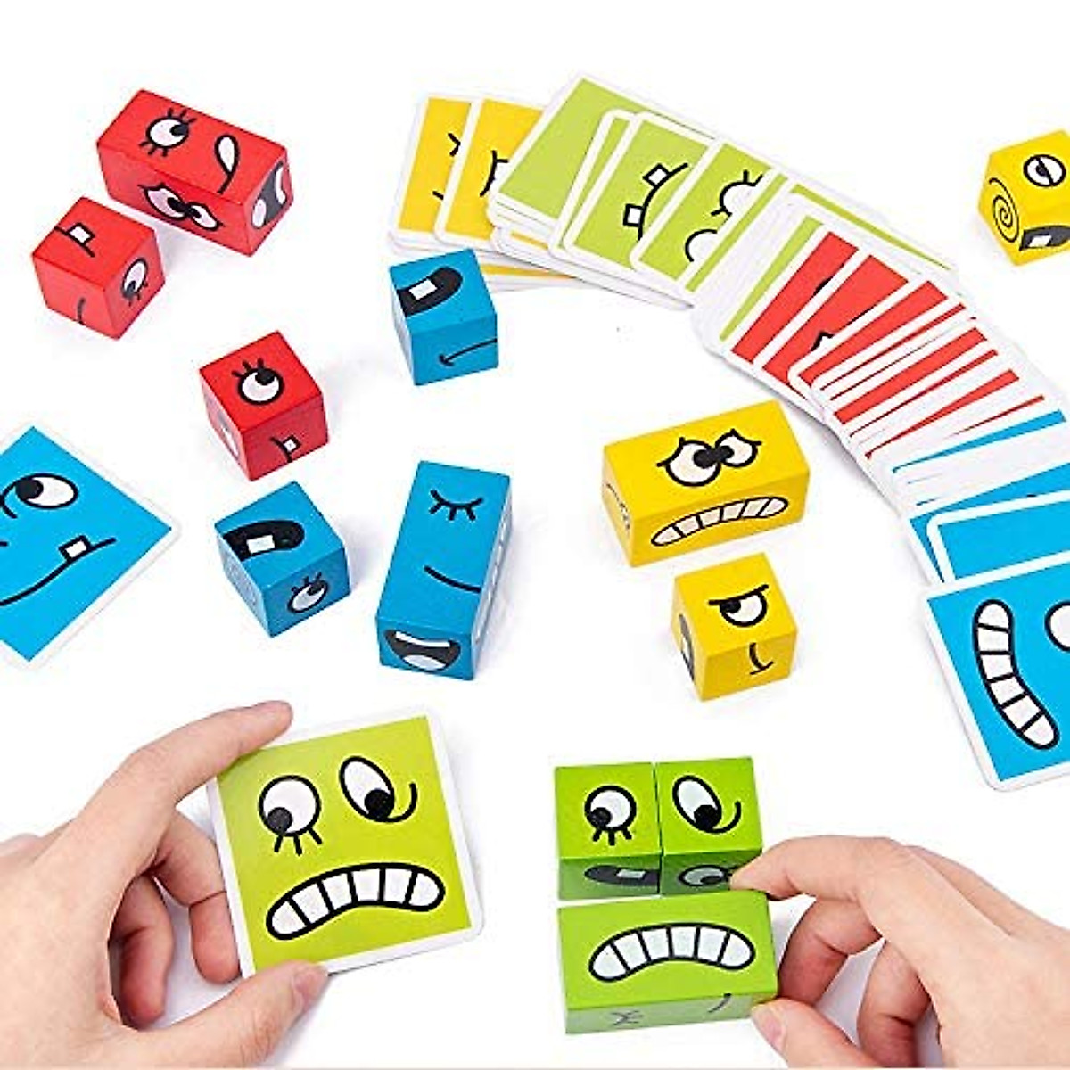 TACY Expressions Matching Wood Blocks Toy Making Emotion Game Challenge Cards for Children's Logical Thinking Intellectual Training Toys Parent-Child Board Game