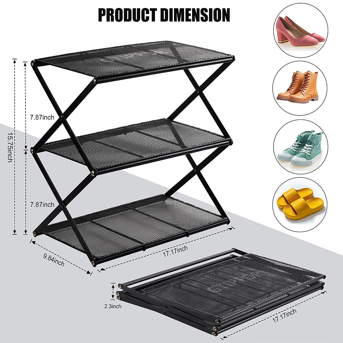 GTIPPOR Small Shoe Rack for Entryway - 3 Tier Shoe Organizer Metal Foldable Shoes Storage Rack, Zero Tool Install, Sturdy Shoe Rack for Closet, Front Door Entrance, Living Room - Space Saving, Black