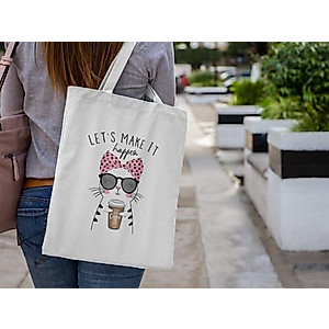 Cute Canvas Tote Bag - Cat Gifts for Women - Pink Cat Gifts for Cat Lovers - Cat Mom Gifts - Birthday Bags for Cat Lover Gifts - Teacher, Book Tote Bag - Reusable for Shopping (Coffee Cat)