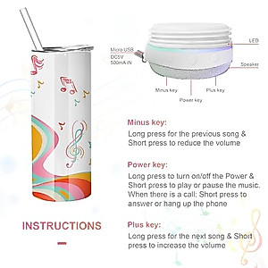 Icesip 12 Pack Music Speaker Tumbler, 20 oz Sublimation Tumbler Skinny Straight Double Wall Cup with Straw Lid & USB Charging Cable 6 Colors