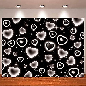 VOUORON 7x5ft Early 2000s Backdrop for Black Heart Party Photography Backdrops Glitter Heart Sweet 16 Happy Birthday Photo Background Wall Decor Valentines Day Photoshoot Banner