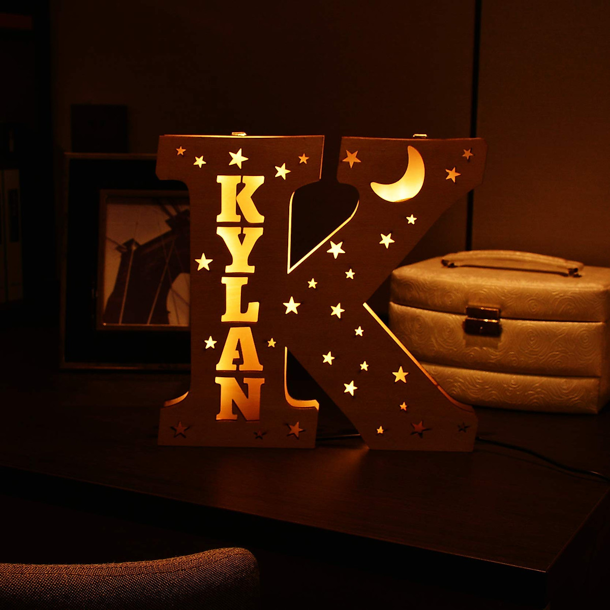 Name-Specific Wooden lamp Personalized Wood Letter Wall Light & Custom Sign Letters Wooden for Kids Room Wooden Children's Moon Stars Bedside lamp (Yellow)