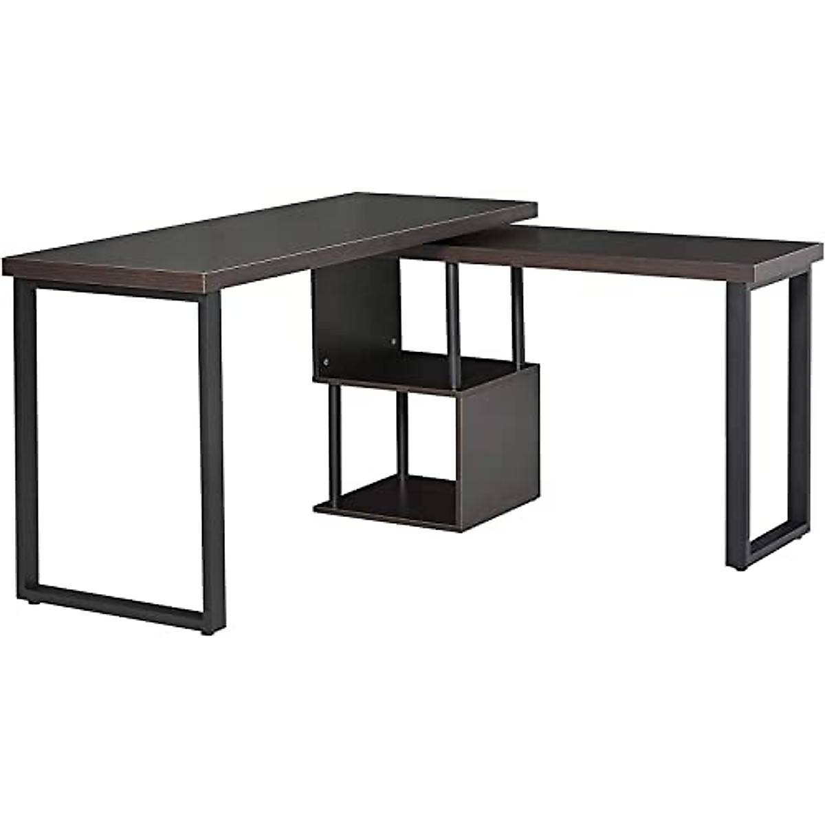Royal Wood 55" 360° Rotating L-Shaped Home Office Computer Desk, Rotating Corner Desk with Storage Shelves, Left or Right Side Combo Table, Study Writing Desk Two Workstations,Espresso