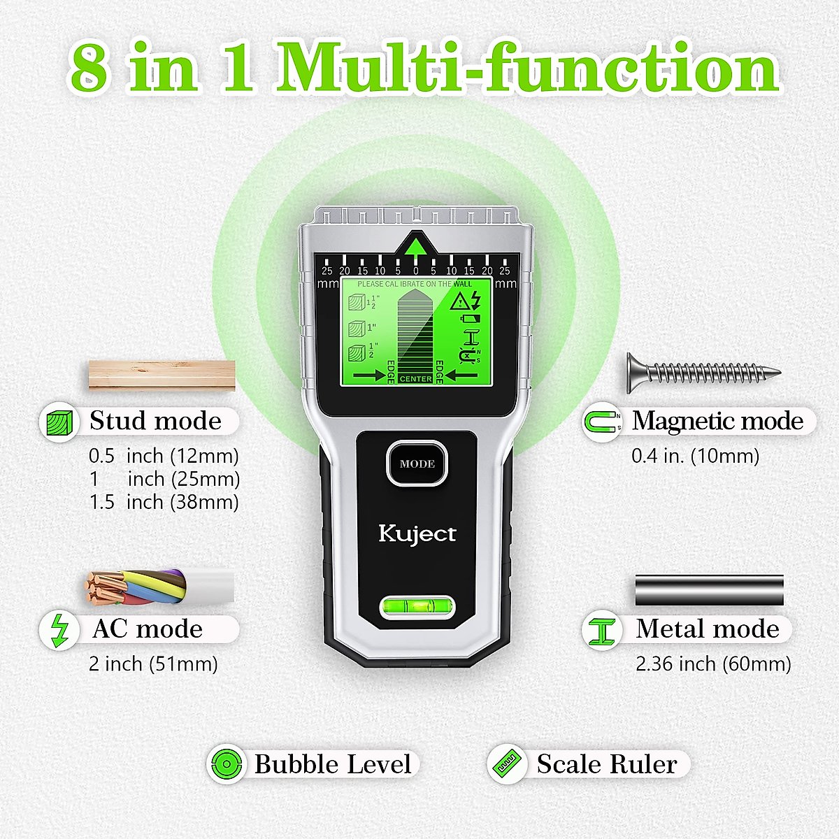 Kuject Stud Finder Wall Scanner - 8 in 1 Electronic Stud Sensor with Magnetic Detector, Bubble Level, LCD Display, Wall Scanner for the Center and Edge of Metal Wood AC Wire Studs Joist Beam