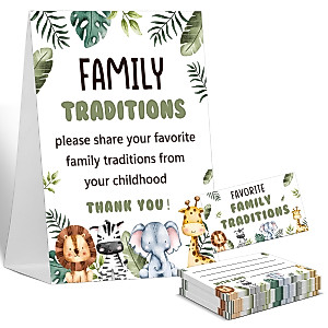 Baby Shower Games Family Traditions Sign, 1 Standing Sign and 50 Cards, Safari Jungle Wild Animal Gender Neutral Decoration, Gender Reveal Party, Bridal Shower Favor Supplies-LT50