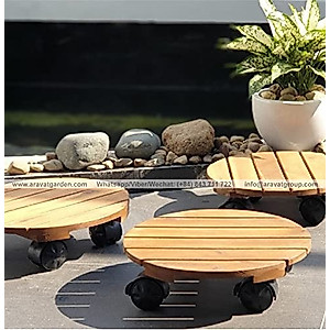 HOUSEBOOK 2 Packs Premium Wooden Rolling Flower Pot Holder Plant Stand with Wheel, Wooden Plant Pot Caddy 30cm Round Garden Plant Pot Trolley 360 Deg Movable, 30cm, Brown