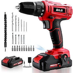 QILA 20V MAX Cordless Drill and Driver, 3/8'' Keyless Chuck, Power Drill Cordless Set with 2.0Ah Battery & Charger, Electric Drill with Variable Speed, 2 Variable Speed, 18+1Position, 22pcs Drill Bits