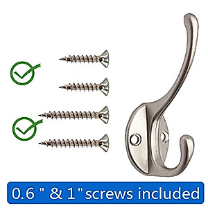 IBosins 10 Pack Heavy Duty Dual Coat Hooks Wall Mounted with 40 Screws Retro Double Hooks Utility Silvery Hooks for Coat, Scarf, Bag, Towel, Key, Cap, Cup, Hat (Silvery)
