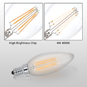 Lawyettle E12 LED Candelabra Bulbs 40 Watt Equivalent, 4000K Neutral White, 500 Lumens, 4W Dimmable C35/B10 Chandelier Light Bulbs, Filament Clear Glass, 6 Pack